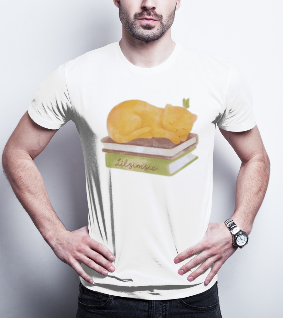 Lilsimsie Sleeping Cat On Books T-Shirt