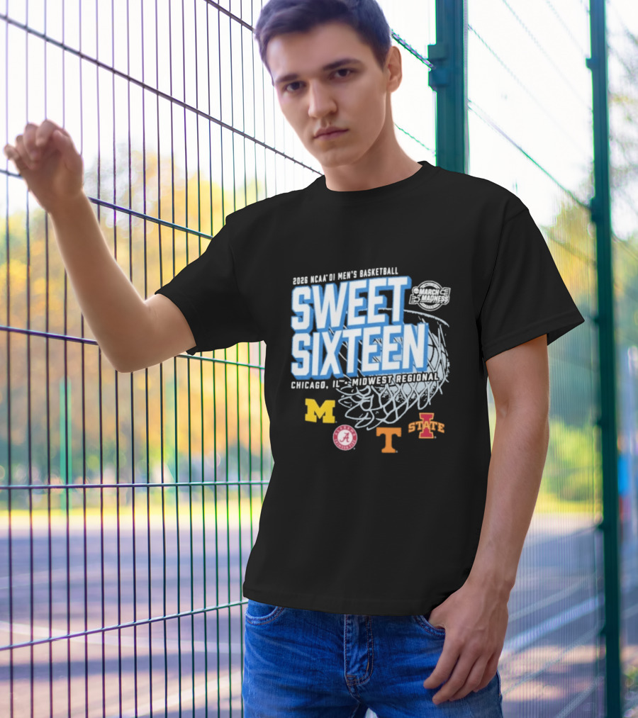 2026 NCAA DI Men's Basketball Sweet Sixteen Chicago IL Midwest Regional Michigan Alabama Tennessee Iowa State T-Shirt