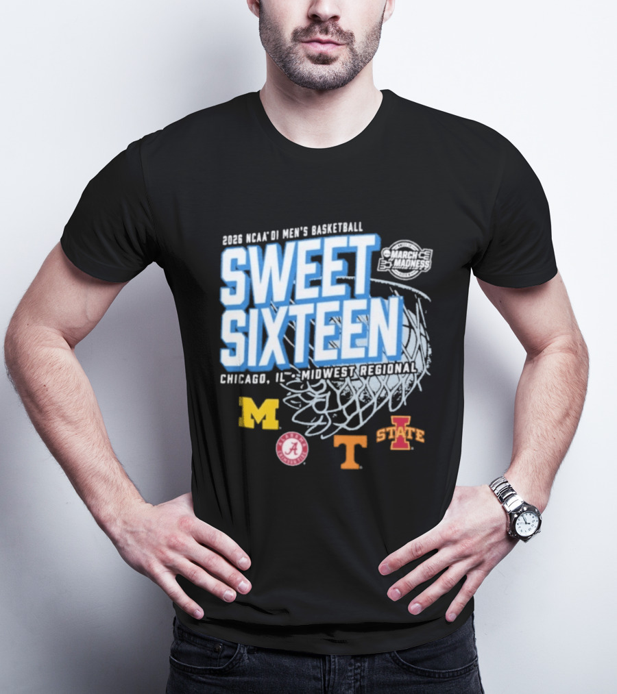 2026 NCAA DI Men's Basketball Sweet Sixteen Chicago IL Midwest Regional Michigan Alabama Tennessee Iowa State T-Shirt