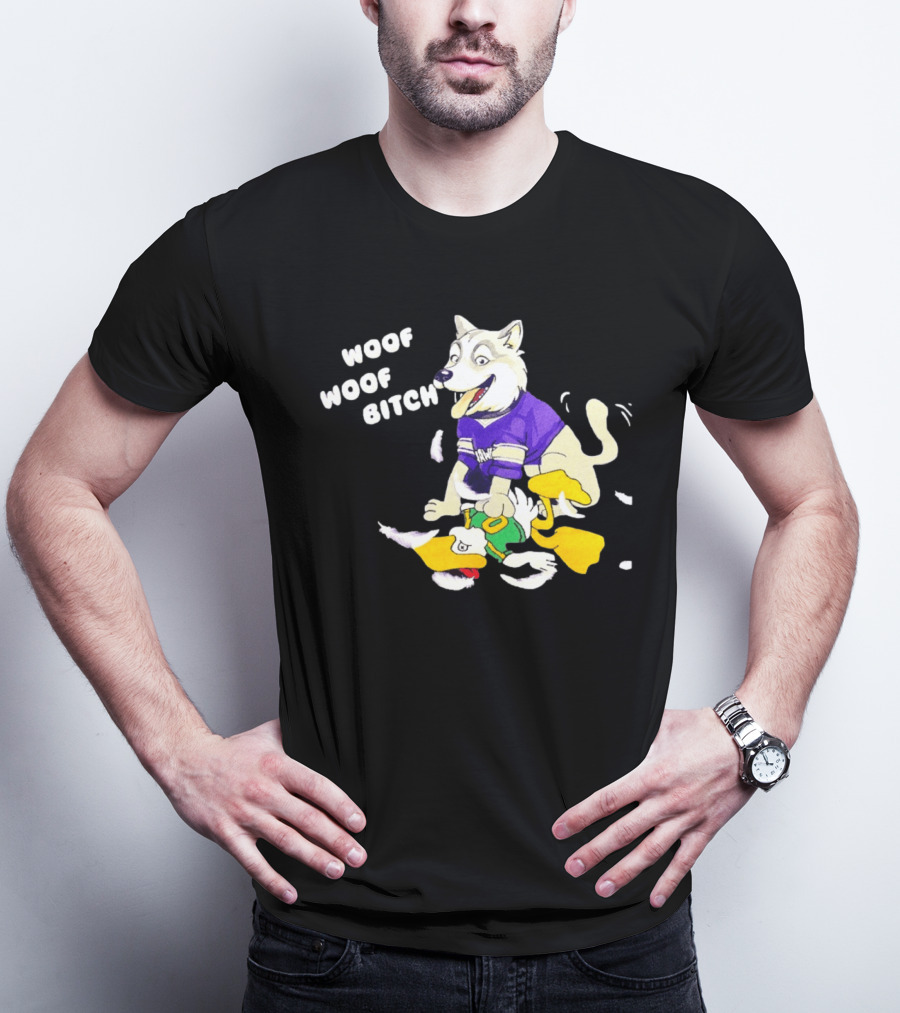 Washington Huskies Woof Woof Bitch Cartoon Mascot Scene T-Shirt