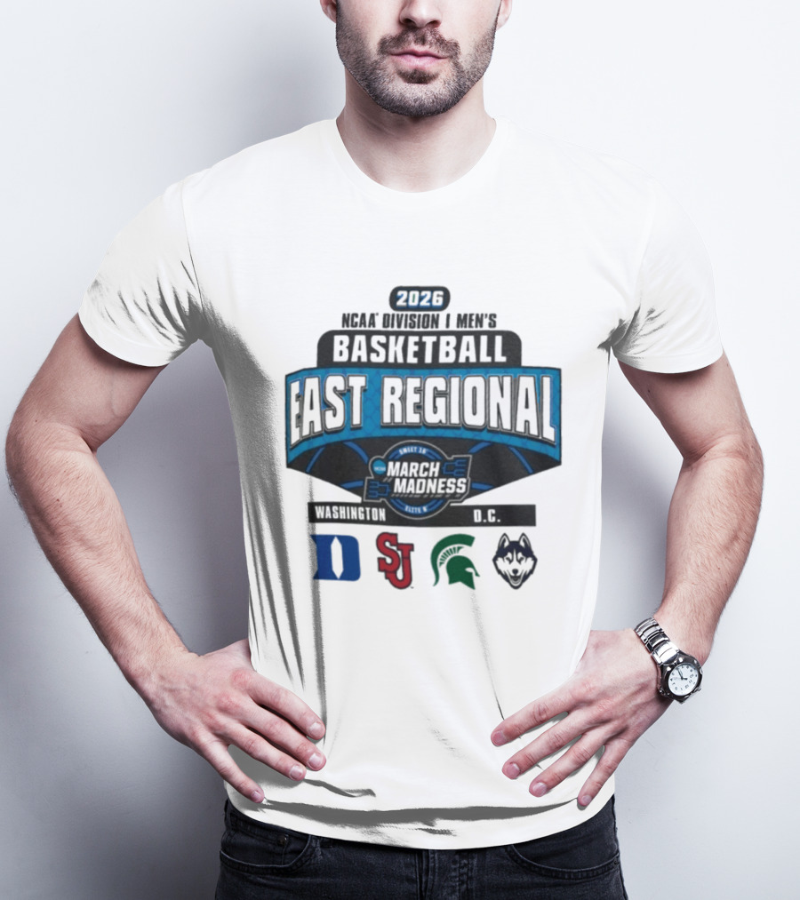 2026 NCAA Division I Men's Basketball Sweet Sixteen East Regional March Madness Duke St. John's Michigan State UConn Logos T-Shirt