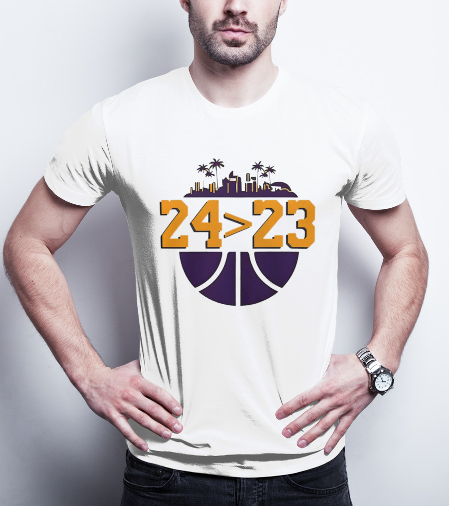 Kobe Bryant LeBron James 24 Greater Than 23 Basketball Skyline T-Shirt