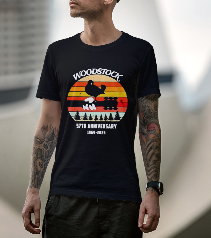 Woodstock 57th Anniversary 1969 2026 Bird Vintage Sunset Stripes T-Shirt