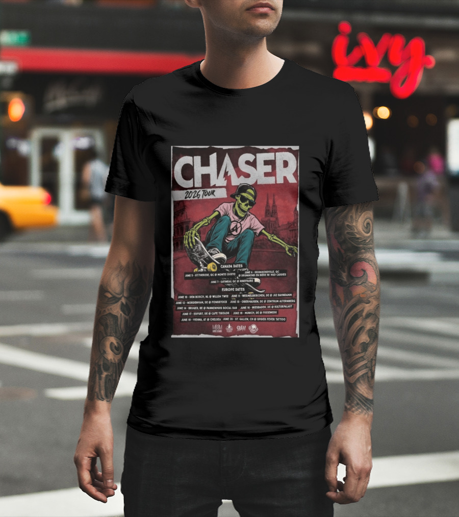 Chaser 2026 Tour Canada Europe Dates Skeleton Skateboarding T-Shirt