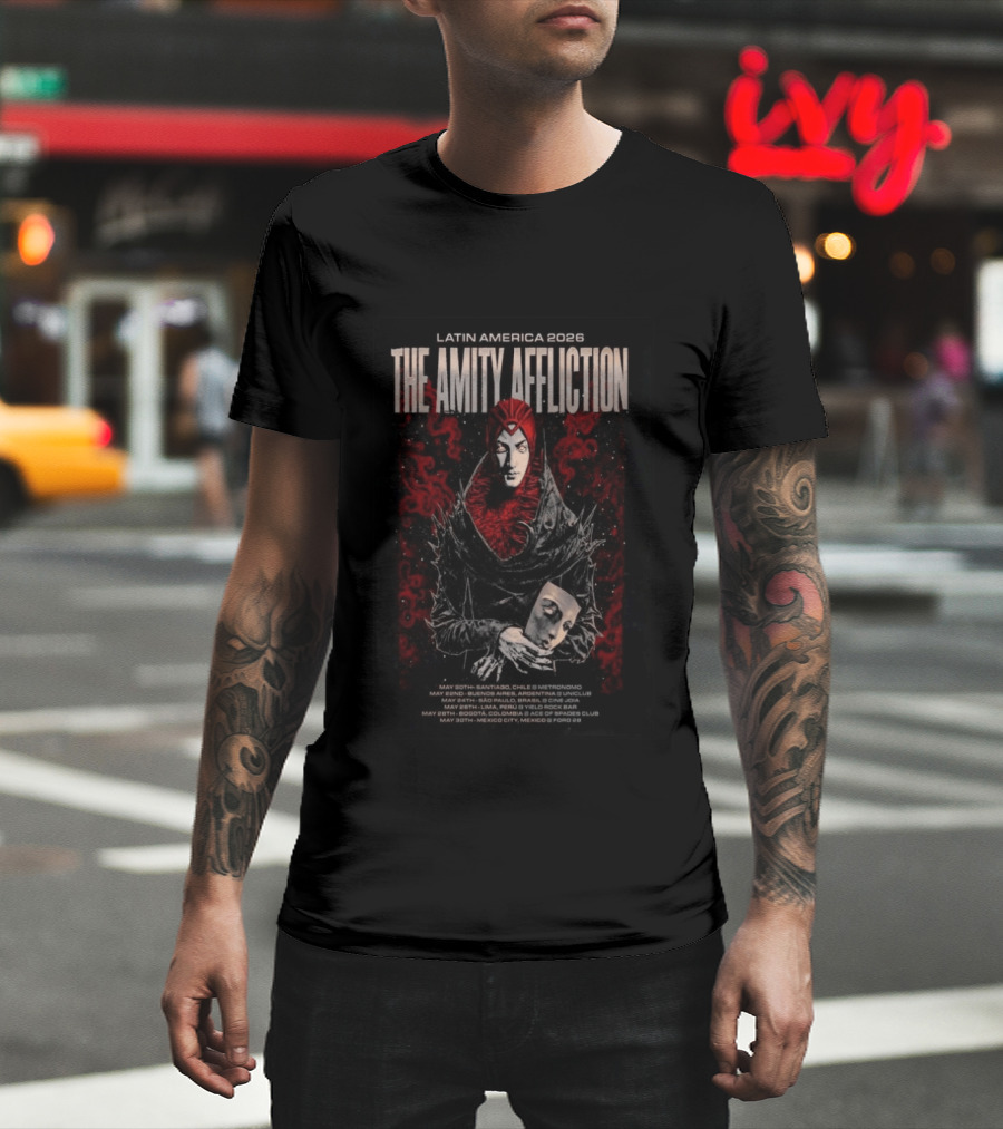 The Amity Affliction Latin America 2026 Tour Santiago Buenos Aires Sao Paulo Lima Bogota Mexico City T-Shirt