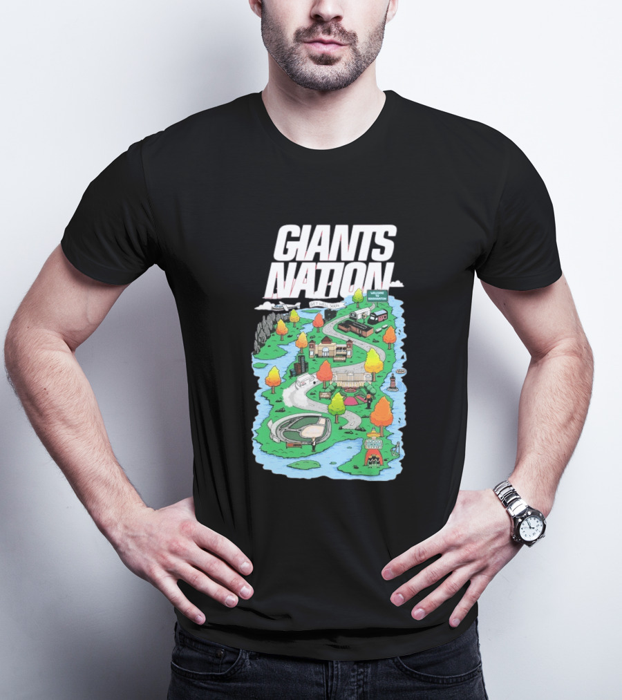 Bobby Skinner Giants Nation Cartoon Landscape Get Well Soon Welcome To Giants Nation Balloon Trees River T-Shirt
