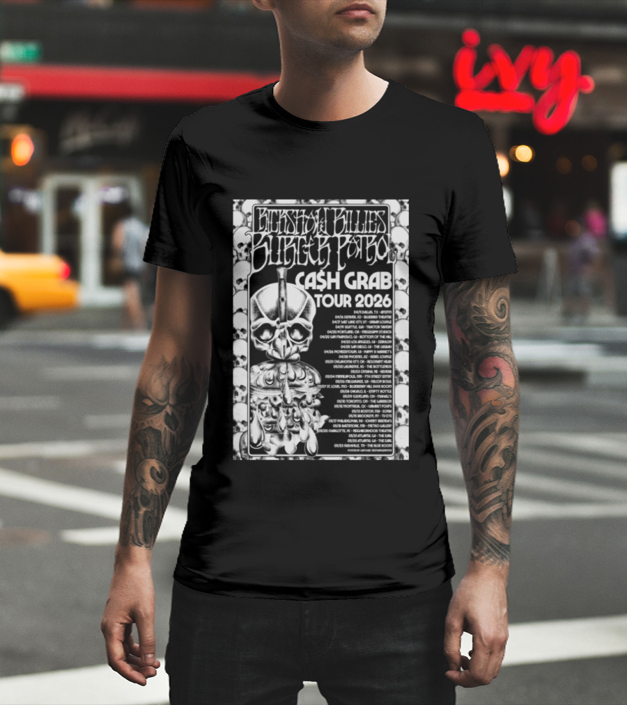 Rickshaw Billies Burger Patrol Cash Grab Tour 2026 Concert Dates Sketched Skull T-Shirt