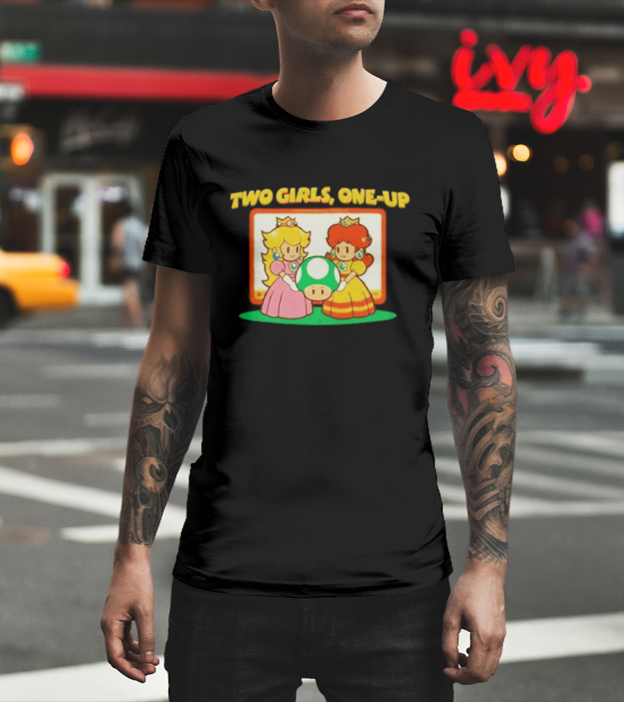 Two Girls One Up Mario Princess Peach Daisy 1 Up Mushroom T-Shirt