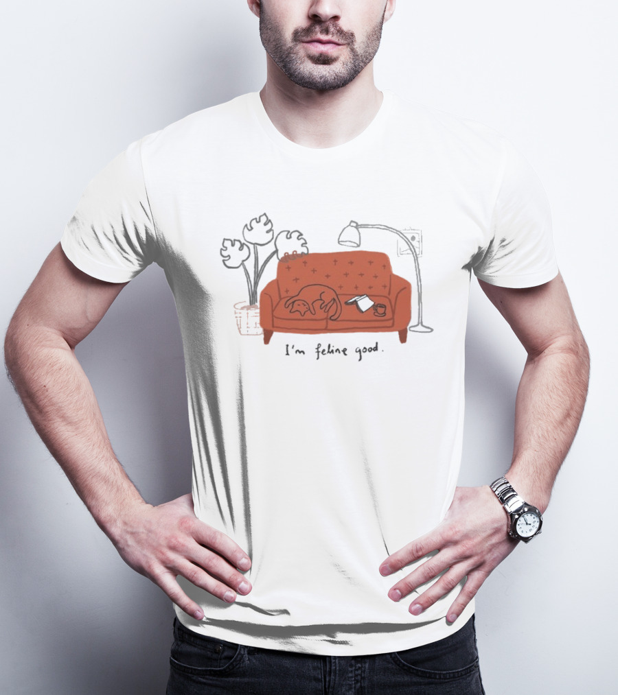 Wituka I'm Feline Good Cat On Couch With Coffee Cup And Lamp T-Shirt