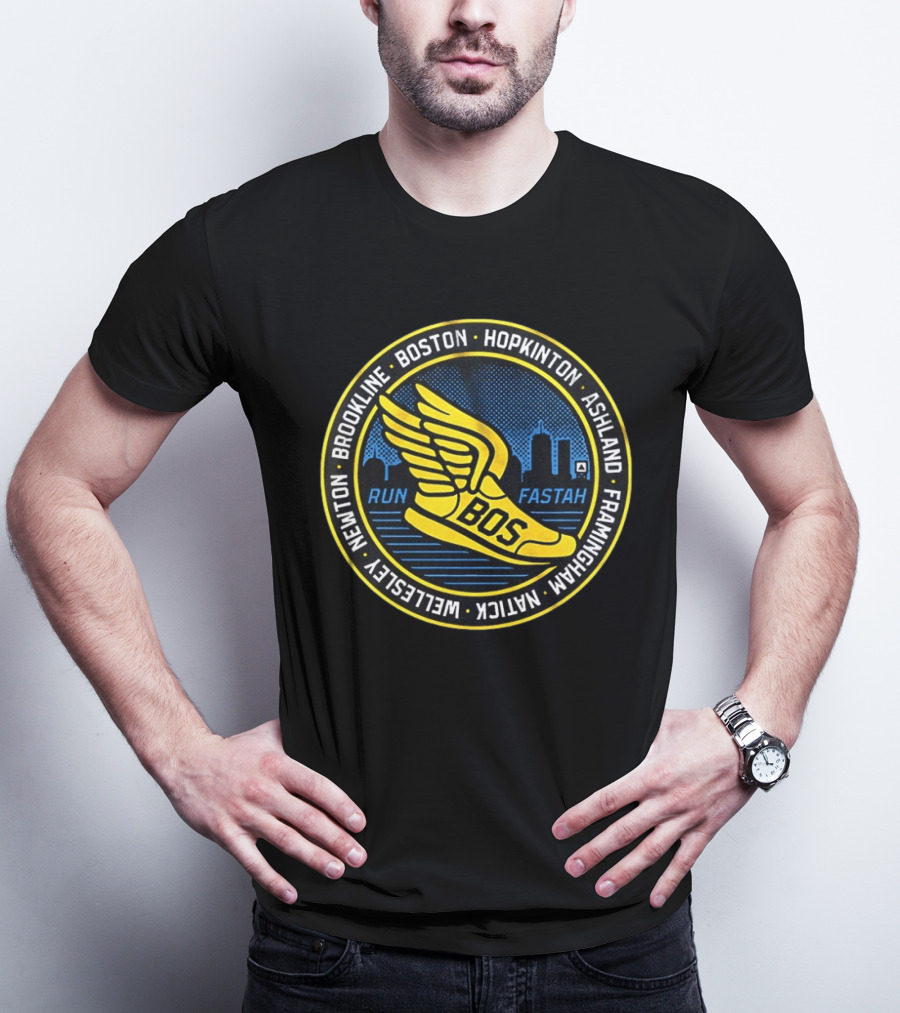 Boston Hopkinton Ashland Framingham Natick Newton Brookline Run Fastah BOS Skyline T-Shirt