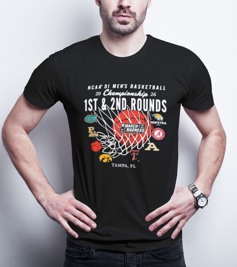 NCAA DI Men's Basketball 2026 Championship 1st 2nd Rounds Tampa FL March Madness Teams Logos T-Shirt
