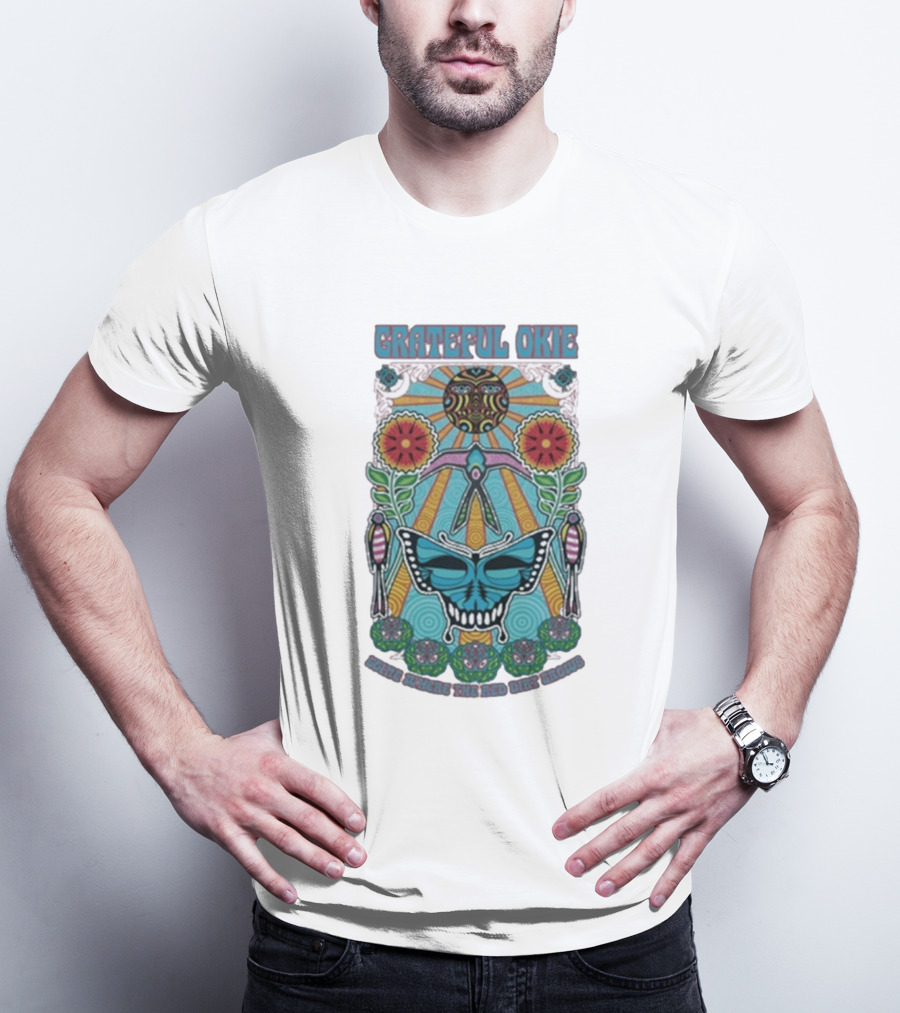 Grateful Okie Going Where The Red Dirt Grows Butterfly And Floral Sunburst T-Shirt