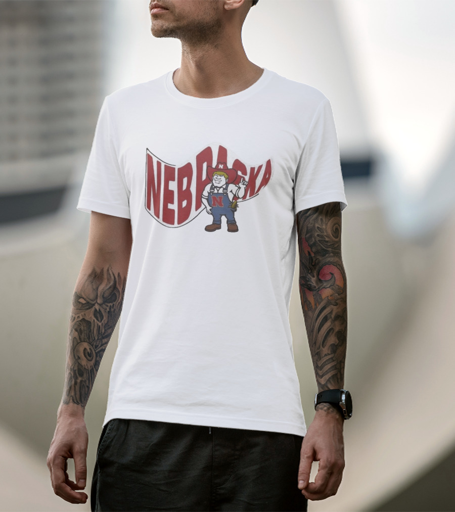 Nebraska Waving Flag Big Red N Mascot Overalls Cowboy Hat T-Shirt