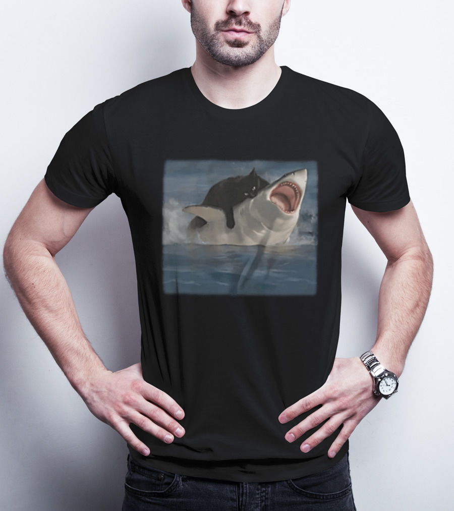 Black Cat Riding On Great White Shark Ocean Adventure T-Shirt