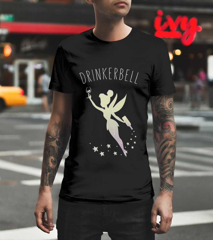 Drinkerbell Fairy Silhouette With Wine Glass And Bottle Stars T-Shirt