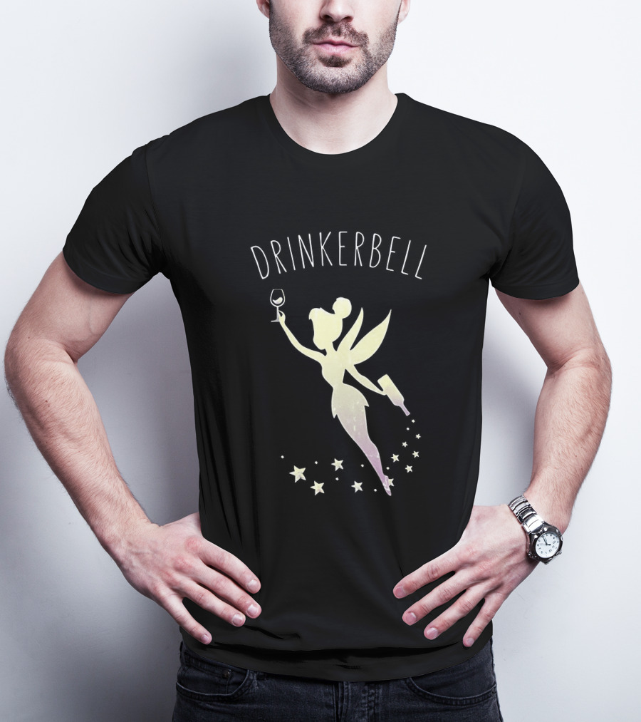 Drinkerbell Fairy Silhouette With Wine Glass And Bottle Stars T-Shirt