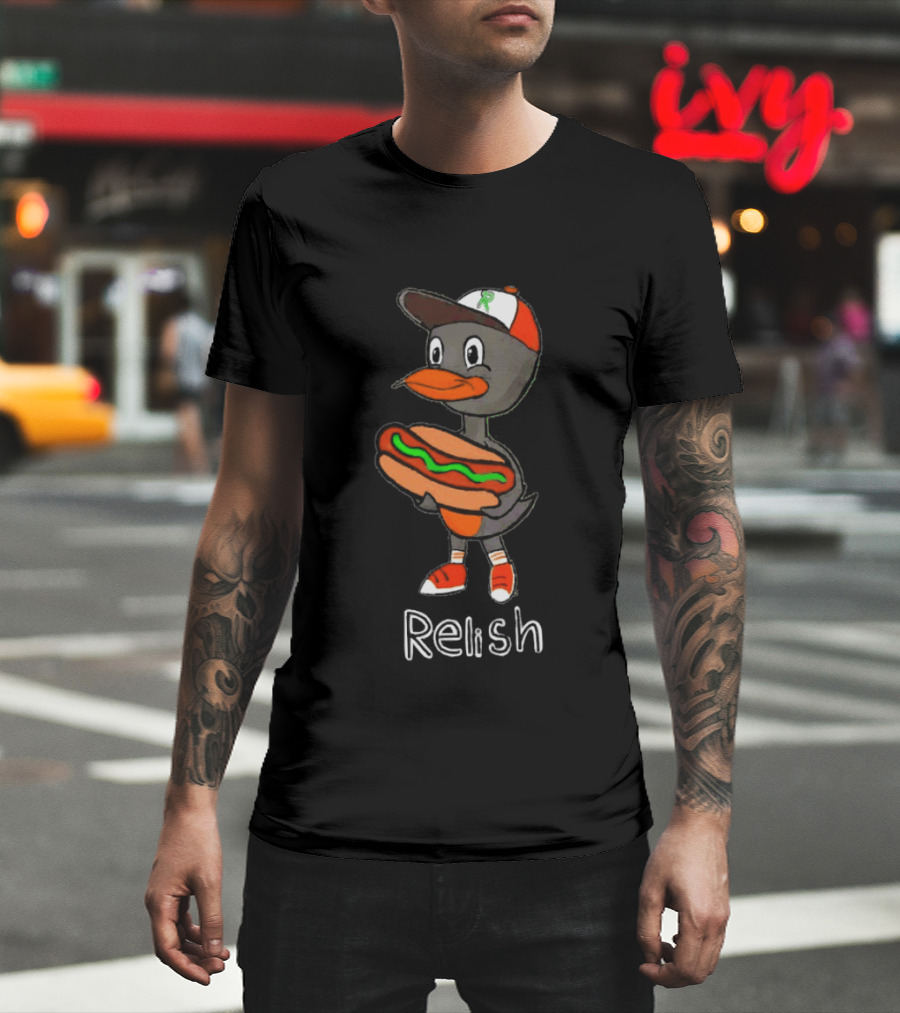 Relish Baltimore Orioles MLB Cartoon Duck Holding Hot Dog Baseball Hat T-Shirt