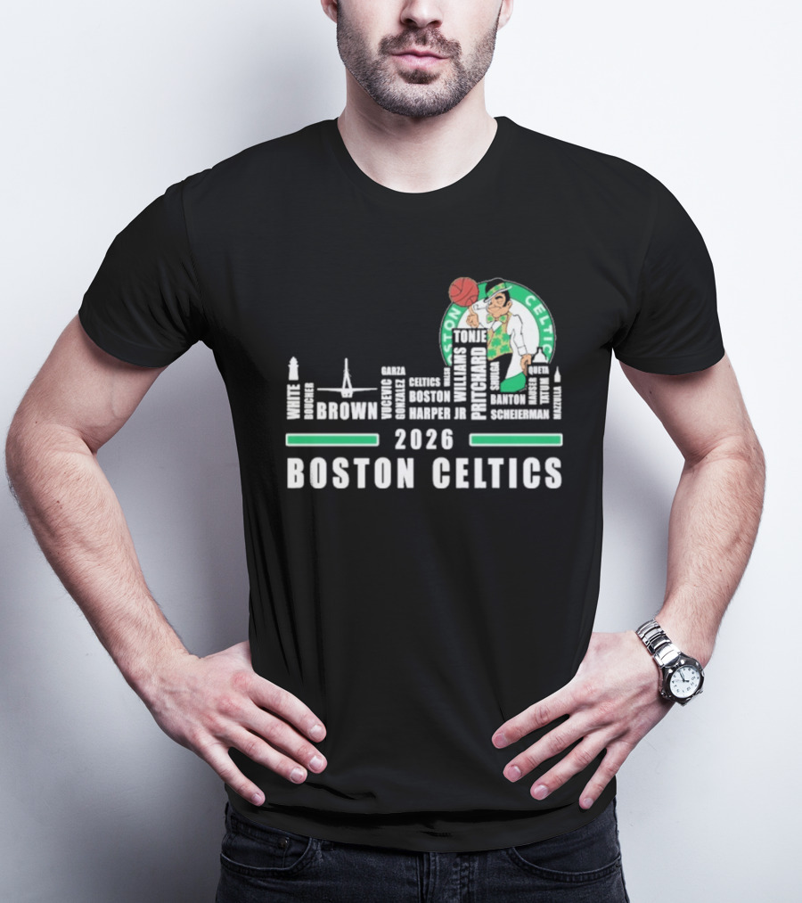 2026 Boston Celtics Brown Tatum Brogdon Porzingis White Smart Hoops Skyline T-Shirt