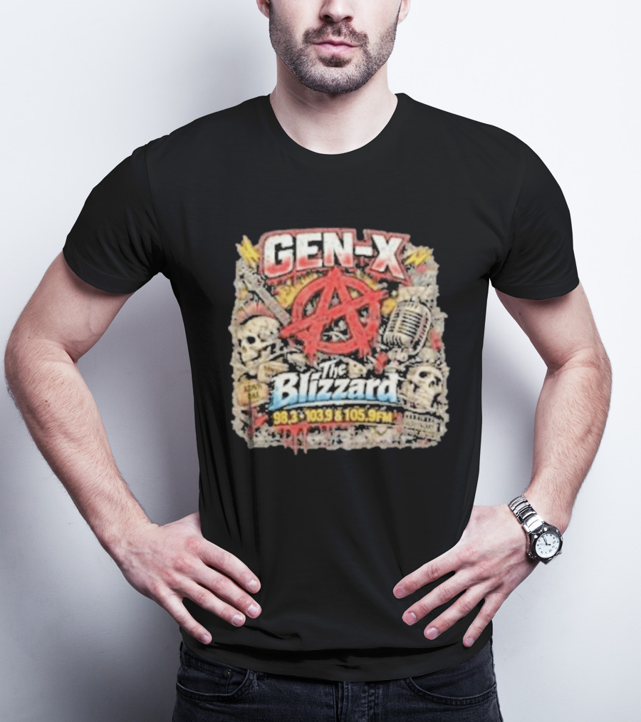 Gen X The Blizzard 98.3 103.9 105.9 FM Anarchy Skulls Microphone T-Shirt