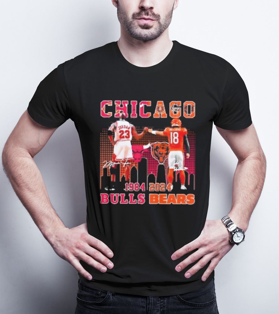 Chicago Bulls Michael Jordan 23 And Chicago Bears Caleb Williams 18 1984 2024 Signatures T-Shirt