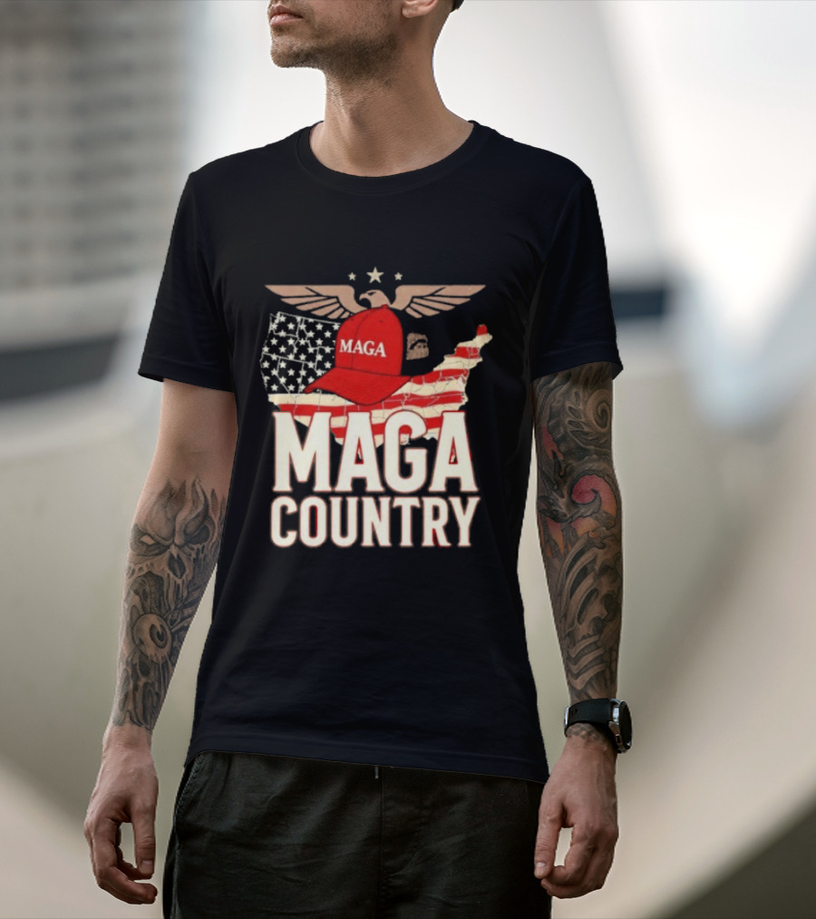 MAGA Country Patriotic USA Map With Red Hat And Eagle Wings T-Shirt