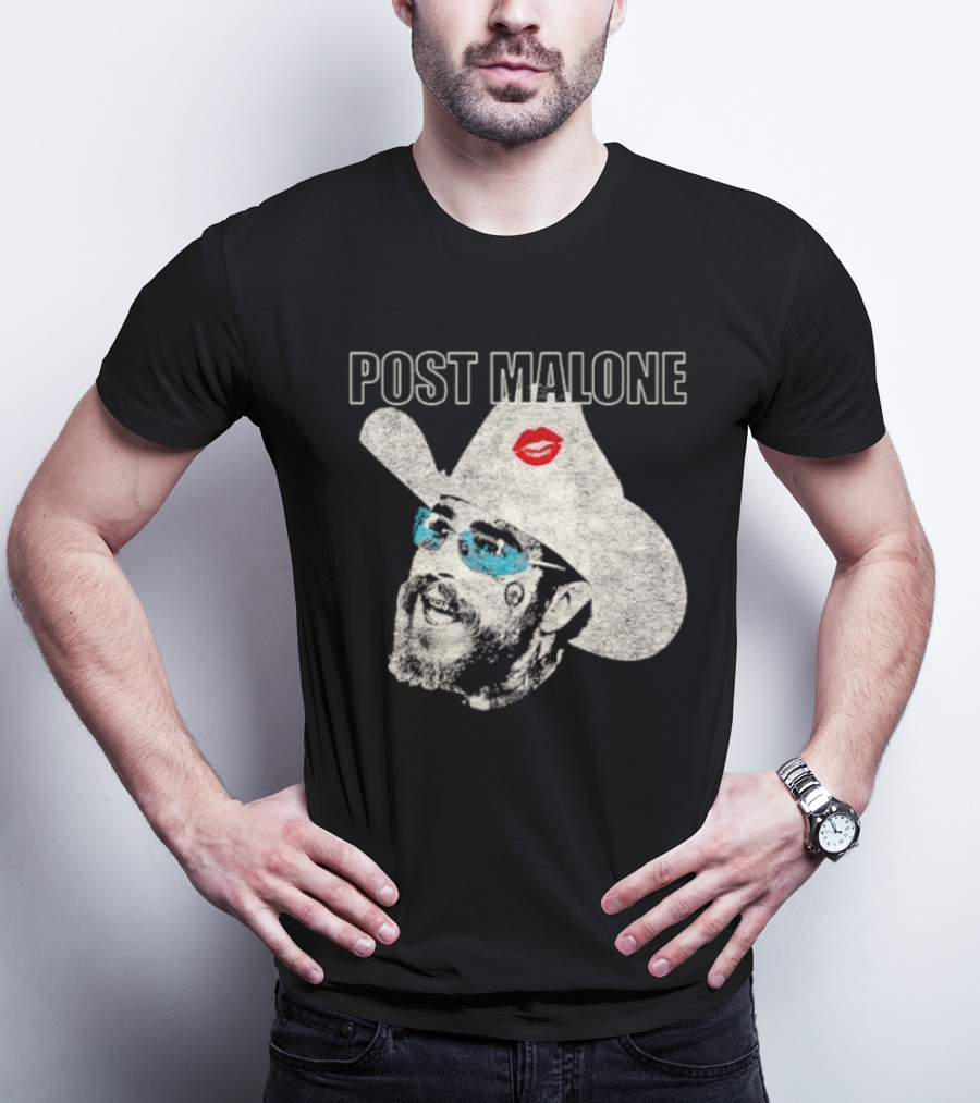 Post Malone Cowboy Hat Kiss Red Lips Blue Sunglasses T-Shirt