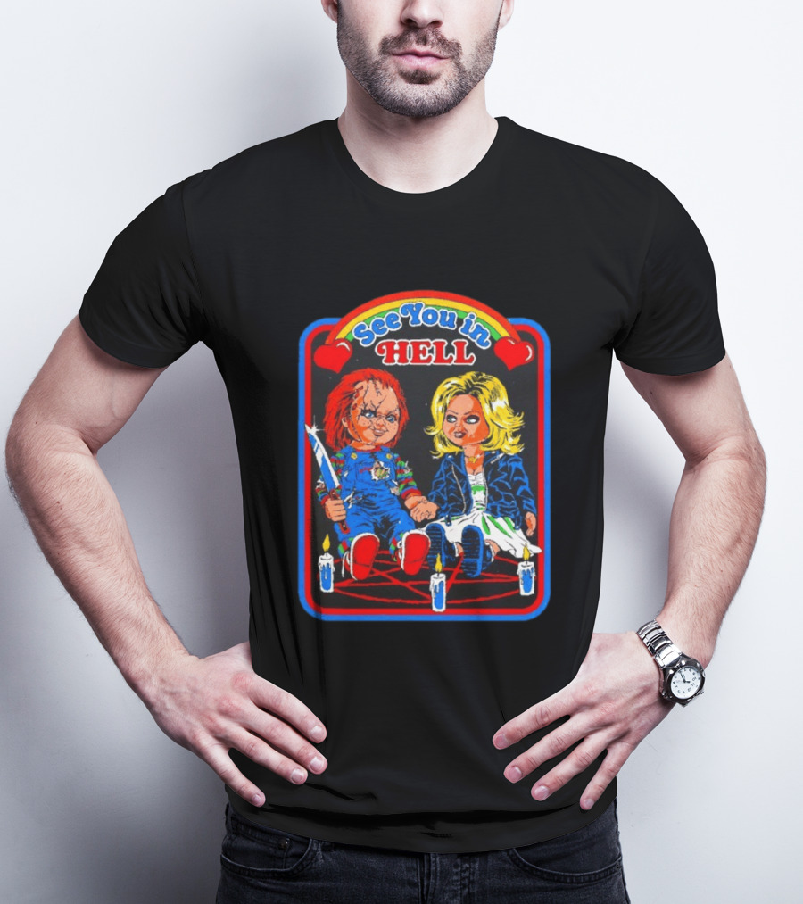 See You In Hell Chucky And Bride Horror Movie Characters Candles T-Shirt