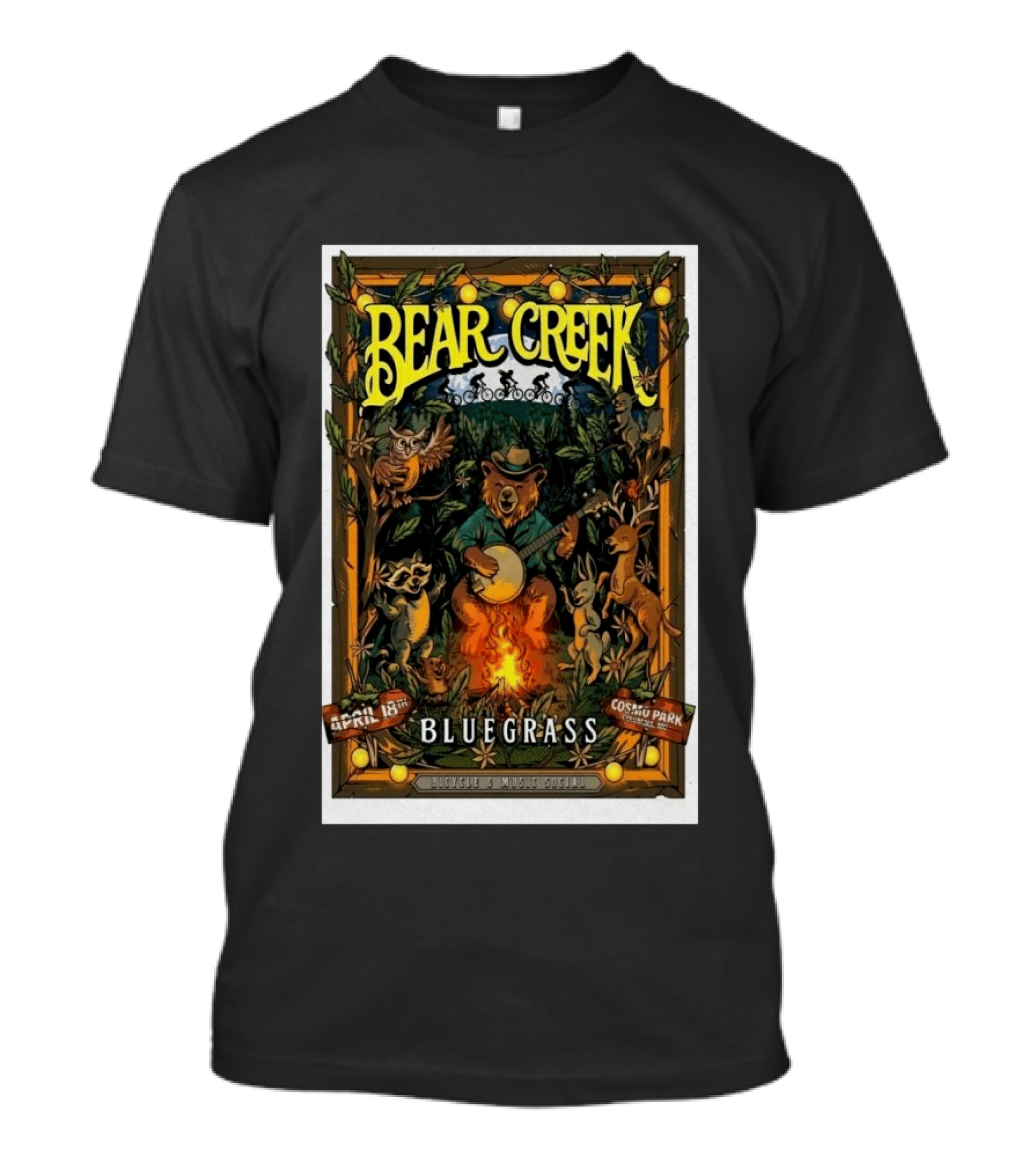 Bear Creek Bluegrass Bicycle Music Social April 18th In Cosmo Park Columbia MO T-Shirt