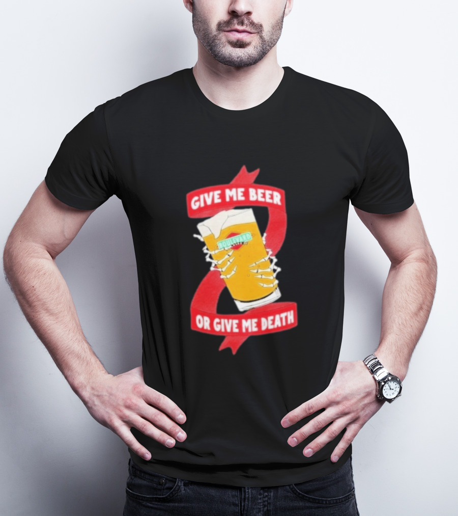 Boulevard Brewing Give Me Beer Or Give Me Death Skeleton Hands Holding Beer Glass T-Shirt