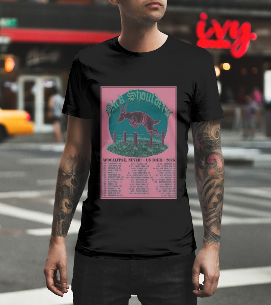 Nick Shoulders Apocalypse Never US Tour 2026 Retro Pink And Teal Leaping Deer Design With Tour Dates T-Shirt