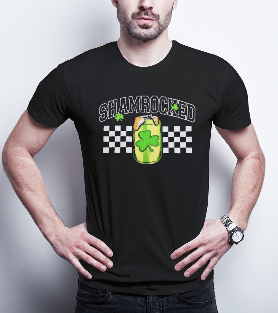 Shamrocked St. Patrick's Day Beer Can Checkerboard Clover USA T-Shirt