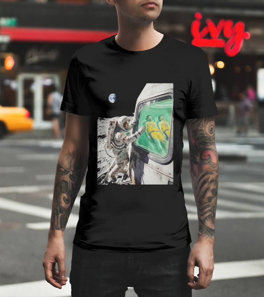 LeBron James Lakers Alone In Space Astronaut Scene With Number 77 And 15 In Spaceship T-Shirt