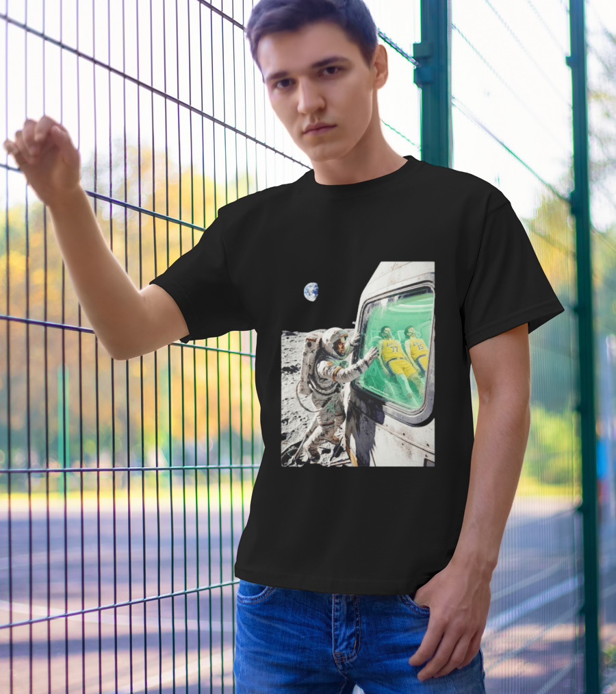 LeBron James Lakers Alone In Space Astronaut Scene With Number 77 And 15 In Spaceship T-Shirt