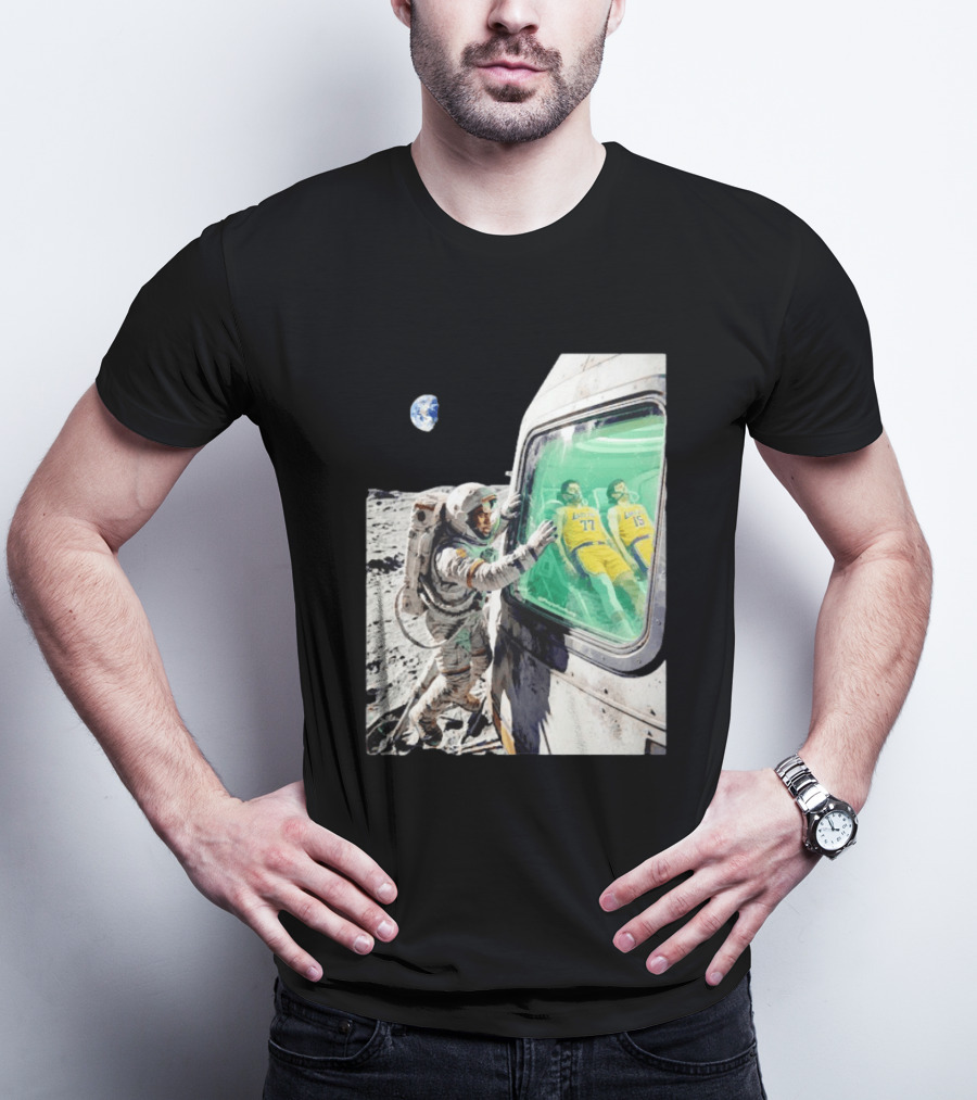 LeBron James Lakers Alone In Space Astronaut Scene With Number 77 And 15 In Spaceship T-Shirt