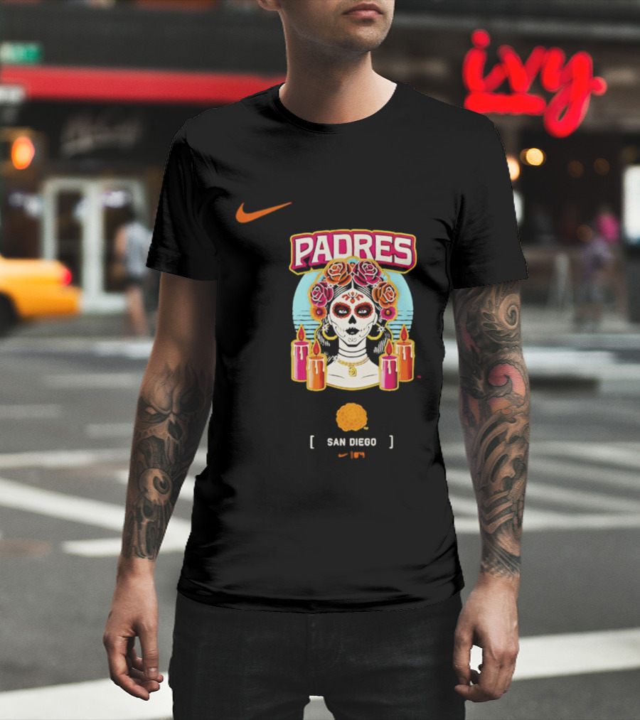 Nike San Diego Padres 2026 City Connect Dia De Los Muertos Candles Roses Large T-Shirt