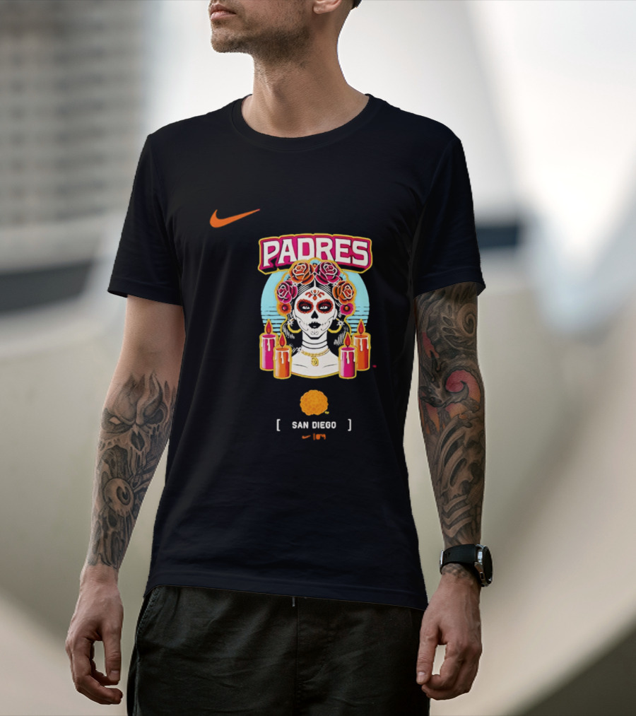 Nike San Diego Padres 2026 City Connect Dia De Los Muertos Candles Roses Large T-Shirt