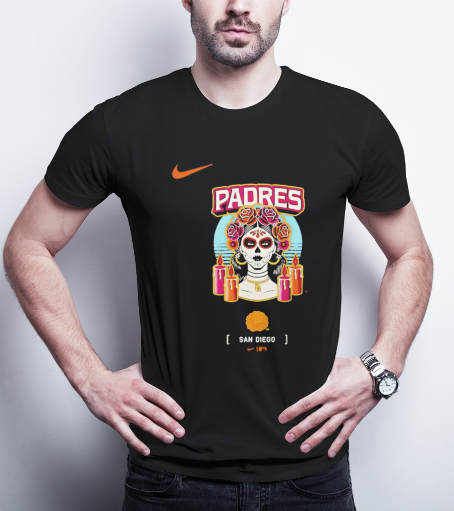 Nike San Diego Padres 2026 City Connect Dia De Los Muertos Candles Roses Large T-Shirt