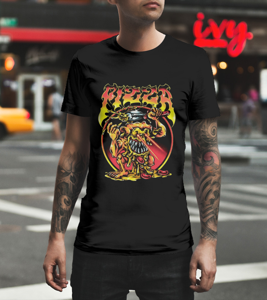 Pizza Monster Melting Laser Eyes Fiery Cheesy Creature T-Shirt