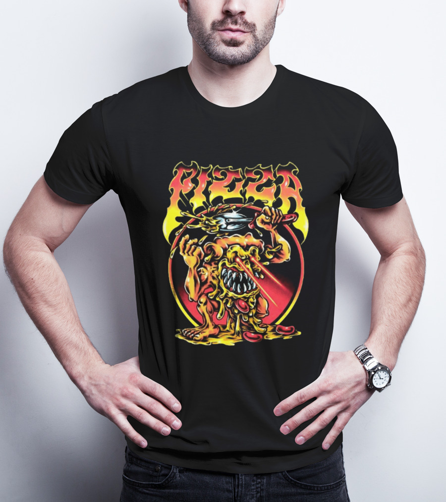 Pizza Monster Melting Laser Eyes Fiery Cheesy Creature T-Shirt