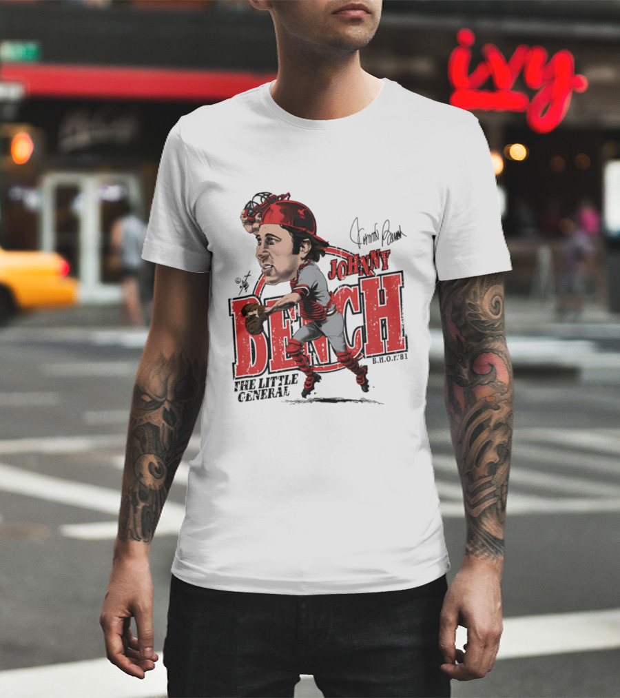 Johnny Bench Cincinnati The Little General Bruce Stark Collection HOF Caricature T-Shirt