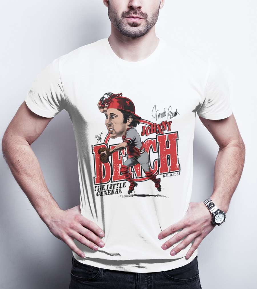 Johnny Bench Cincinnati The Little General Bruce Stark Collection HOF Caricature T-Shirt