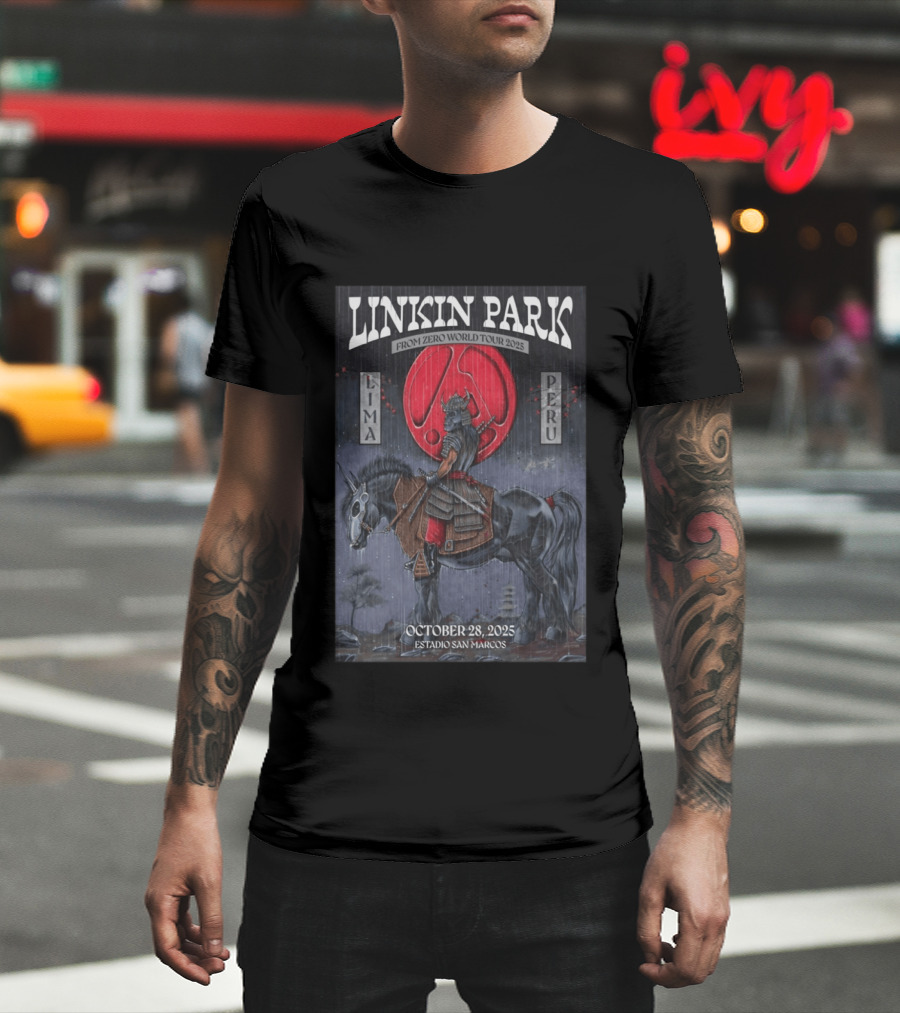 Linkin Park From Zero World Tour 2025 Lima Peru Estadio San Marcos October 28 Samurai Warrior On Horse With Red Moon T-Shirt