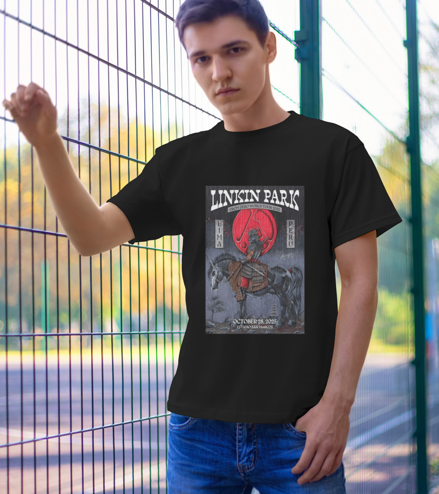 Linkin Park From Zero World Tour 2025 Lima Peru Estadio San Marcos October 28 Samurai Warrior On Horse With Red Moon T-Shirt