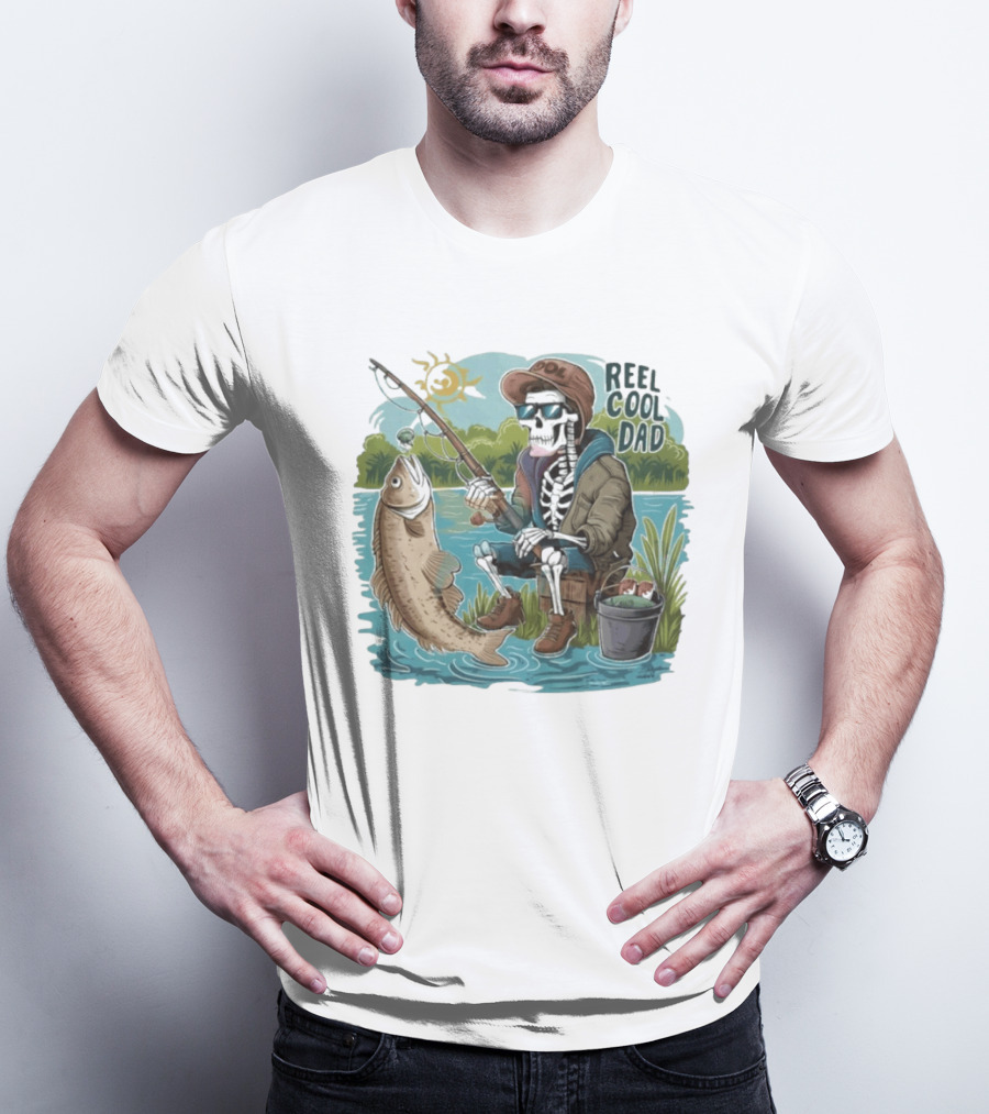 Reel Cool Dad Fishing Skeleton Catching Fish Cartoon T-Shirt