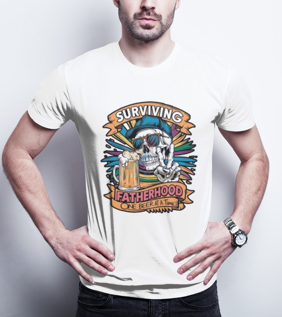 Surviving Fatherhood One Beer At A Time Skeleton Dad Drinking Beer T-Shirt
