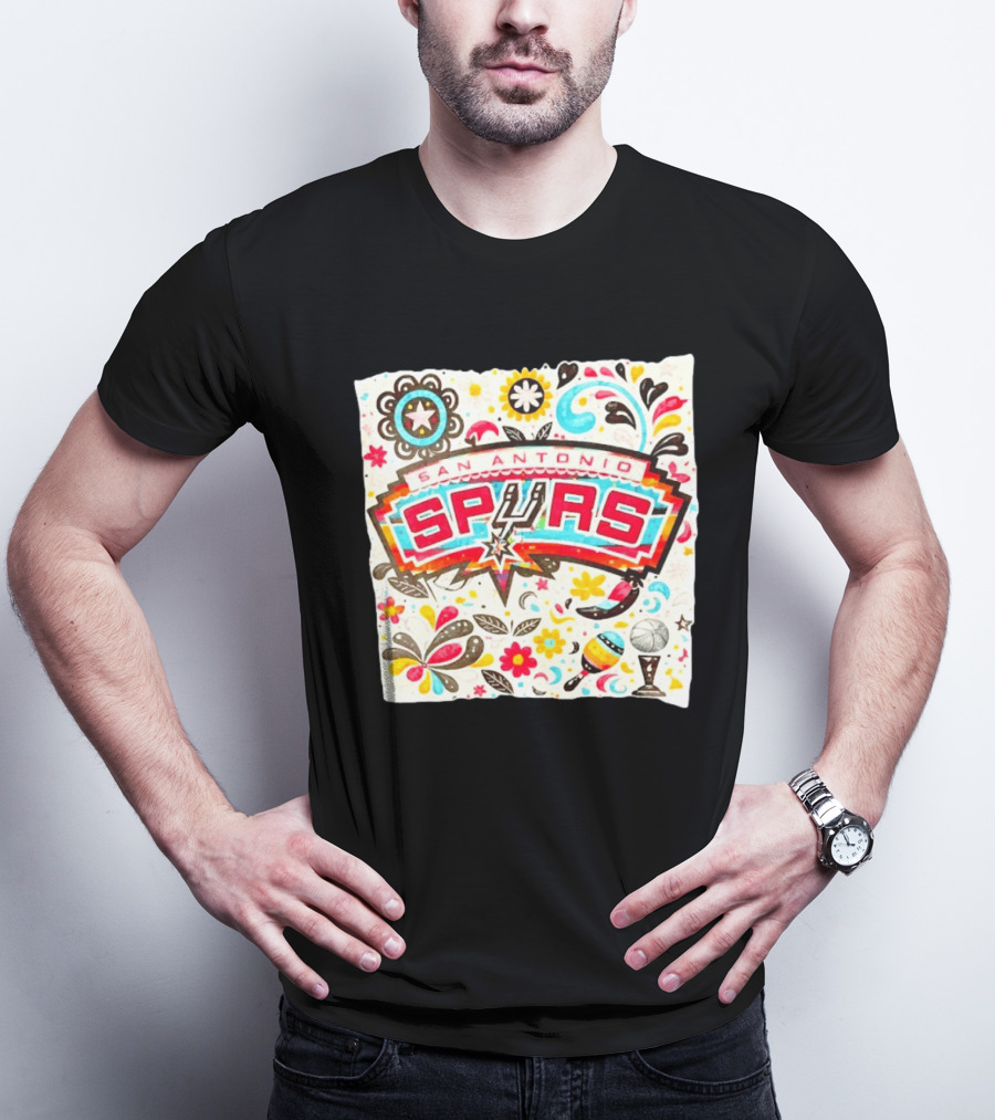 San Antonio Spurs NBA Floral Maracas Basketball Trophy Motif T-Shirt