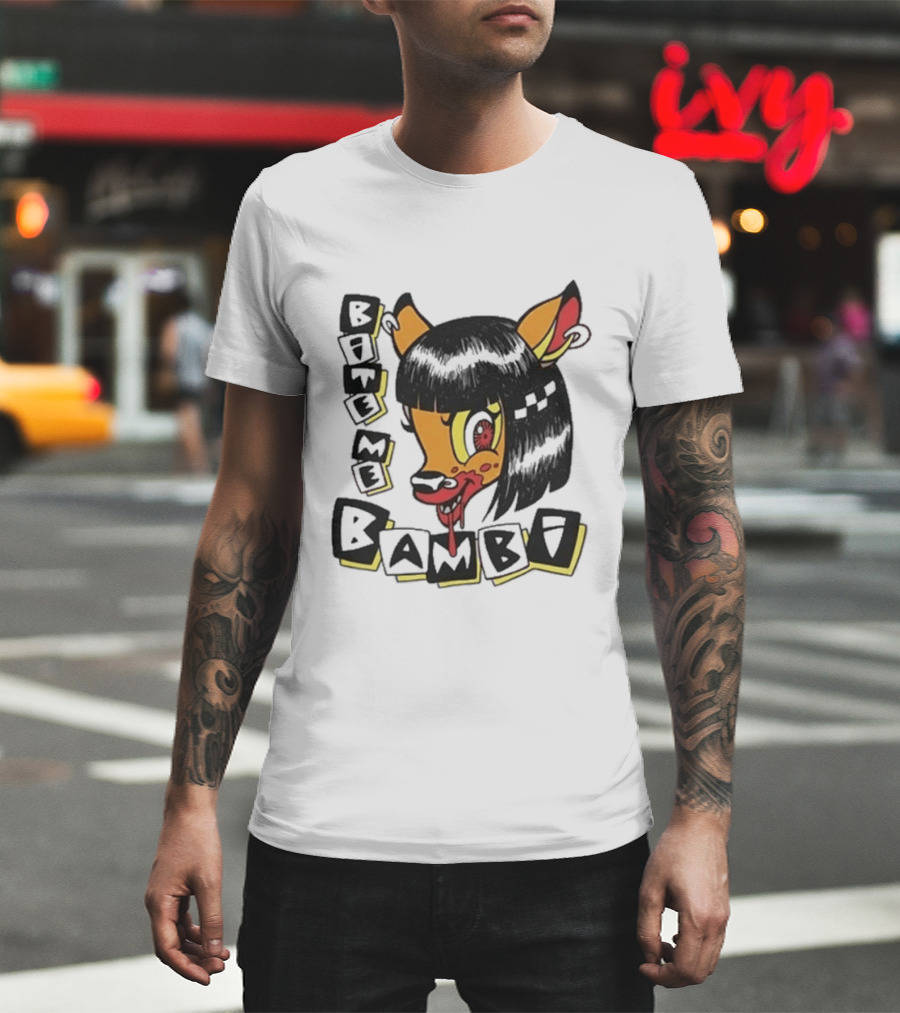 Bite Me Bambi Cartoon Character With Black Hair And Blood Dripping Mouth T-Shirt