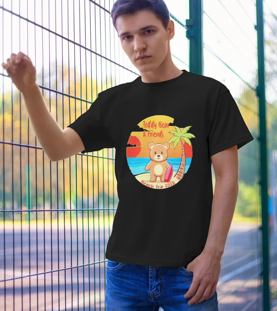 Teddy Bear And Friends Beach Trip 2026 Summer Adventure With Palm And Sunset T-Shirt