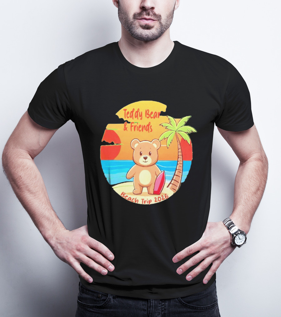 Teddy Bear And Friends Beach Trip 2026 Summer Adventure With Palm And Sunset T-Shirt