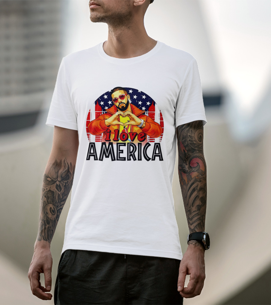 Drake I Love America Flag Heart Gesture Red Jacket Sunglasses T-Shirt